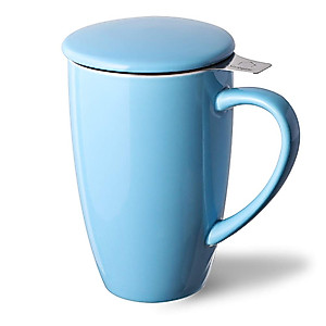 Sweejar Porcelain Tea Mug with Infuser and Lid,Teaware with Filter, Loose Leaf Tea Cup Steeper Maker, 16 Fl Oz for Tea/Coffee/Milk/Women/Office/Home/Gift (Steel Blue)