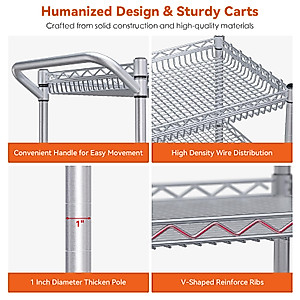 WDT Heavy Duty 3 Tier Rolling Utility Cart, Kitchen Metal Utility Carts with Handle Bar, Utility Shelf Plant Display Shelf Food Cart Storage Trolley with Wheels, Silver