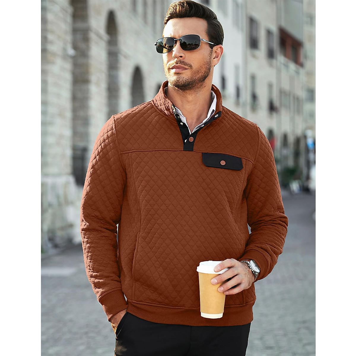 JMIERR Mens Quilted Sweatshirt Casual Long Sleeve Crewneck Half Button Fashion Pullovers Sweater Jackets with Pockets, US 38(S), Orange