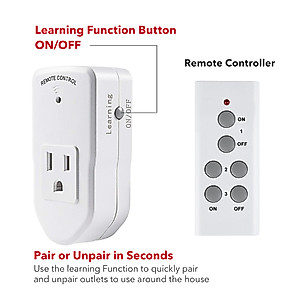 BN-LINK Wireless Remote Control Electrical Outlet Switch for Lights, Fans, Christmas Lights, Small Appliance, Long Range White (Learning Code, 5Rx-2Tx) 1200W/10A
