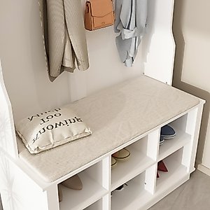 AIEGLE Entryway Hall Tree with Shoe Bench, 3-in-1 Hallway Hall Tree with Coat Rack, 6 Shoe Storage Cubes and 4 Hanging Hooks, White (39.8" L x 17.3" W x 67.1" H)