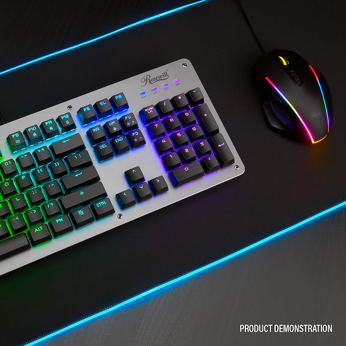 Rosewill NEON K52 Wired Waterproof Gaming Keyboard, 8 RGB Backlight Effects, 104 Keys 19 Keys Anti-Ghosting 12 Multimedia Hotkeys Aluminum Base