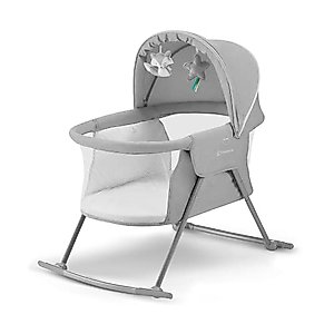 Kinderkraft LOVI Travel Bassinet for Baby in Grey, Portable Folding Baby Bed with Built-in Mosquito net, Adjustable Hood and an Additional Cradle Function