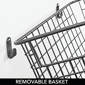 mDesign Portable Metal Farmhouse Wall Decor Storage Organizer Basket Bin with Handles for Hanging in Entryway, Mudroom, Bedroom, Bathroom, Laundry Room - Wall Mount Hooks Included, 2 Pack - Graphite
