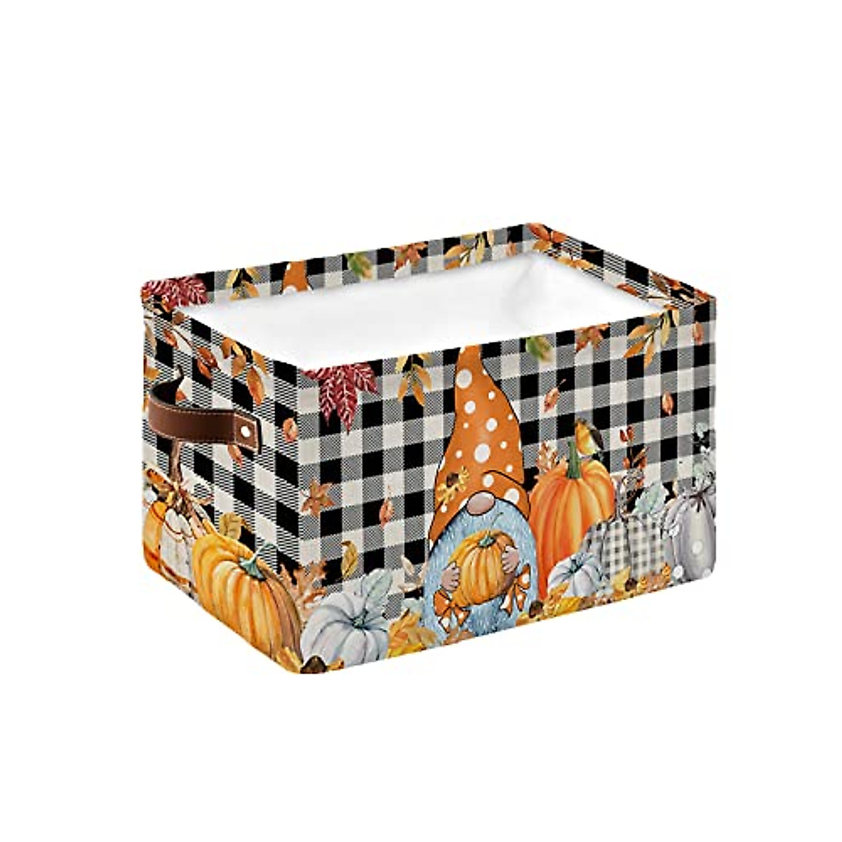 Storage Bin Foldable Storage Basket Pumpkin Gnome Thanksgiving Fall Maple Leaf,Large Storage Bins Handles Storage Baskets for Organizing,Farm Harvest Black Checker Collapsible Storage Cubes Organizer