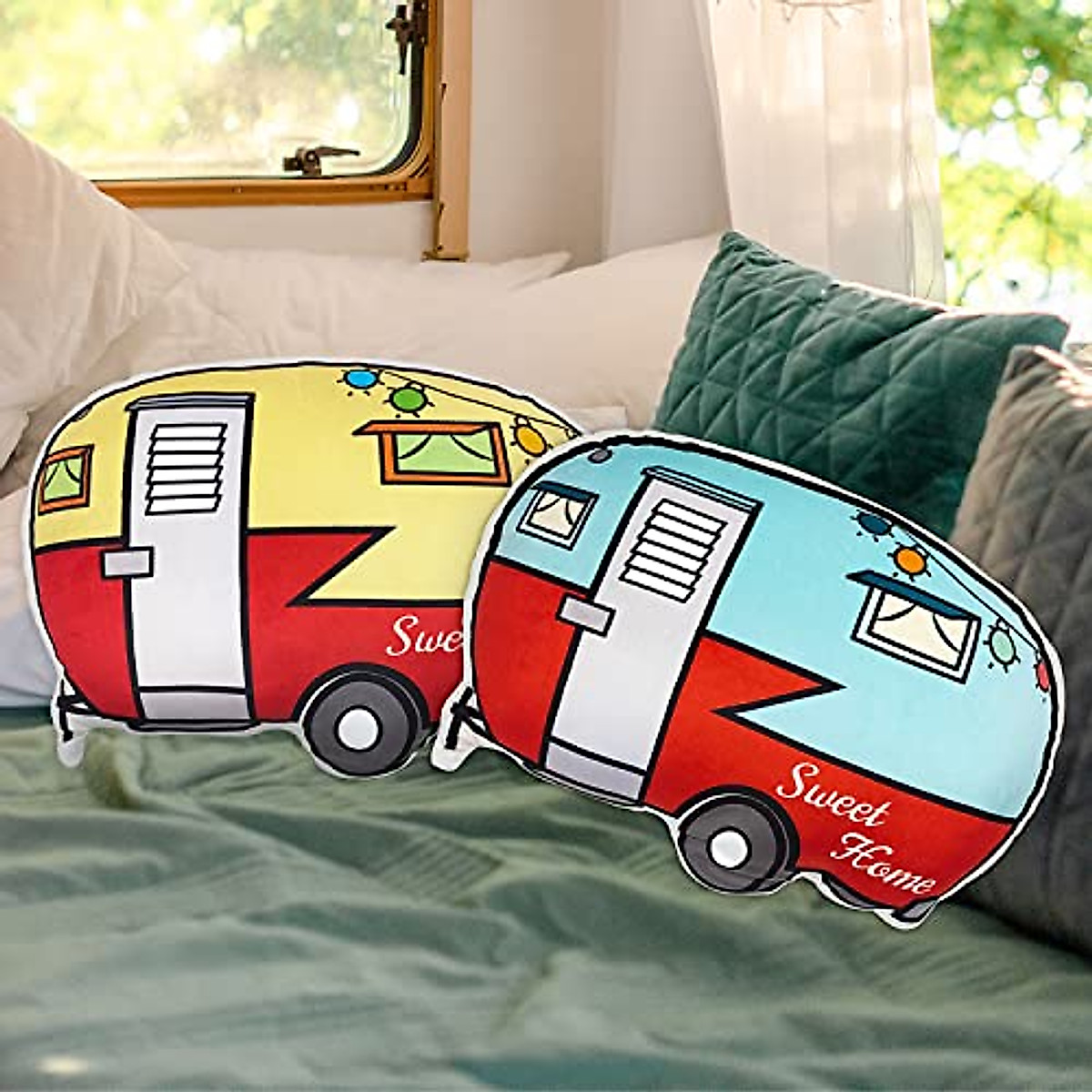 Retro Travel Trailer Shaped Throw Pillow 2Pcs, Decorative Throw Pillow for Couch Sofa Living Room Home Decor for Camper RV Lovers,Christmas/Mother's/Father's/Thanksgiving/Valentine's Day/Birthday Gift