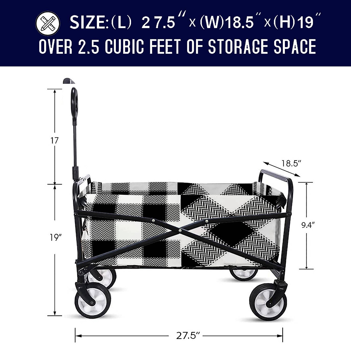 Collapsible Wagon Cart Buffalo Check Plaid Set in Black and White Seamless Monochrome Neutral Foldable Utility Wagon Large Capacity Garden Cart with Push Bar for Beach Camp Outdoor Shopping