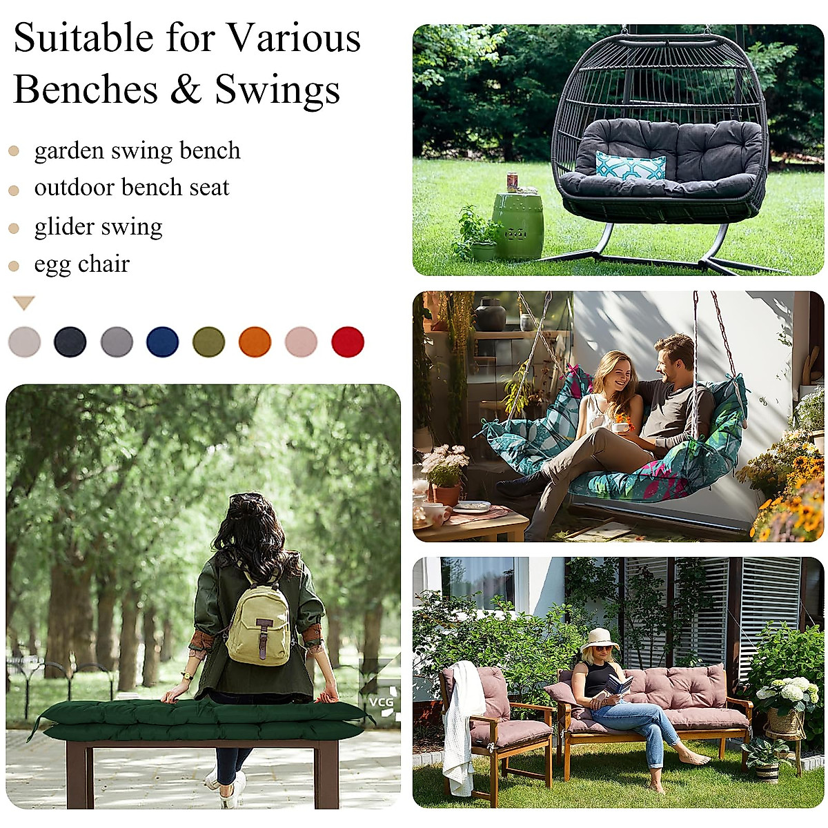 Porch Swing Replacement Cushion, Outdoor Bench Cushions with Backrest Thicken 4", 3 Seat Patio Furniture Garden Loveseat Glider Pad Anti-Fading Waterproof (Green, 59.06 * 39.37inch)