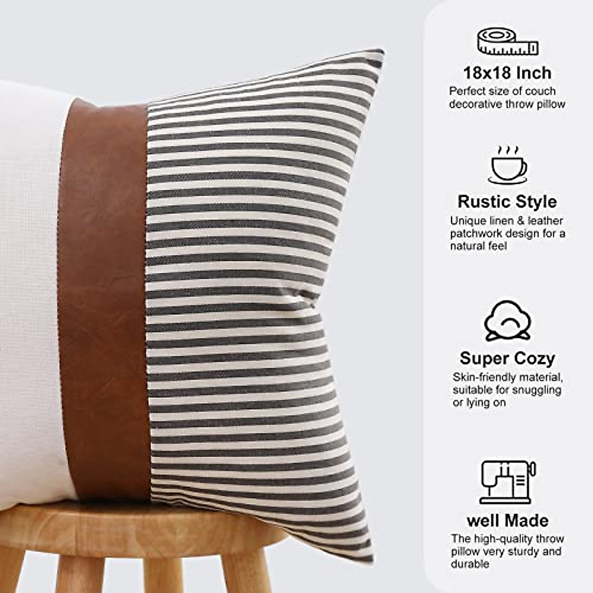 Mecatny Boho Throw Pillows 18x18 Set of 2 - Farmhouse Decorative Throw Pillows with Inserts Included - Brown Faux Leather Modern Stripe Patchwork Linen Accent Throw Pillows for Couch Bed Sofa, Grey