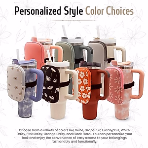 NOLI JUNE - Black Floral Neoprene Pouch for Stanley Quencher 18oz to 40oz - Adjustable Strap, Zipper Closure, Unisex Travel Accessory - Water Bottle Tumbler Carrier