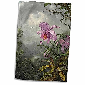 3D Rose Image of Heades 1800S Painting Hummingbird On Orchid Hand Towel, 15" x 22"