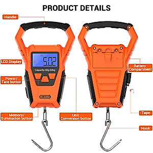 Dr.meter Waterproof Fishing Scale: Upgraded IPX7 110lb/50kg Backlit LCD Display Digital Hanging Scale with Bigger Handle and Hook, Built-in Tape, Battery Included, Fishing Gifts for Men