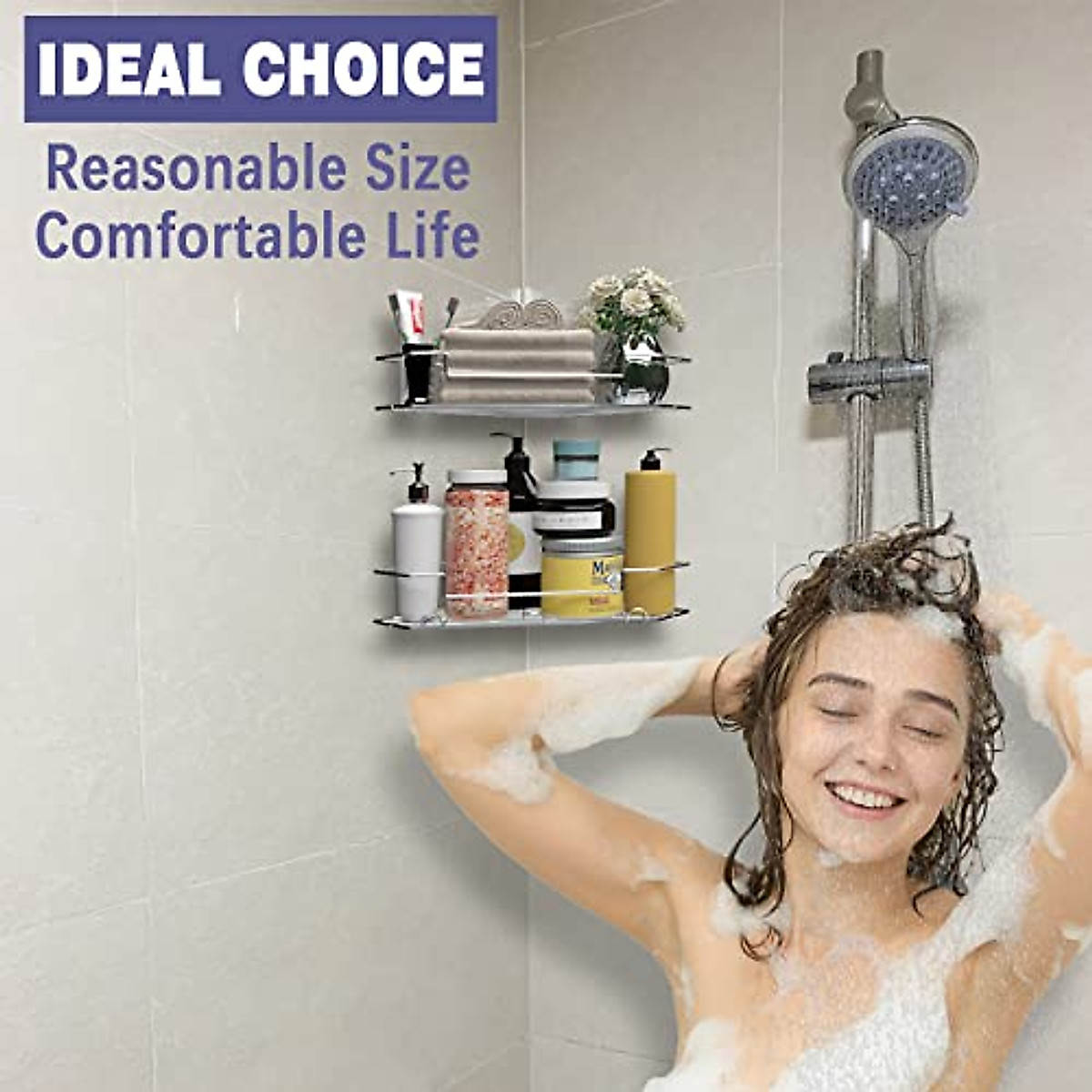 Corner Shower Caddy with Hooks, Self Adhesive Shower Organizer Shelves,No Drilling 2-Pack Rustproof 304 Stainless Steel Shower Storage Shelves for Bathroom & Kitchen