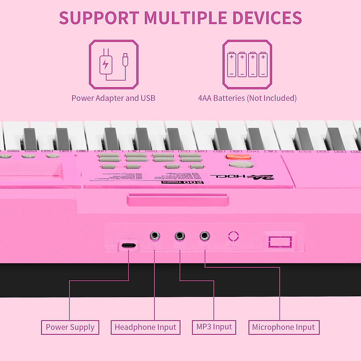 24HOCL 61 Key Premium Electric Keyboard Piano for Beginners with Stand, Built-in Dual Speakers, Microphone, Headphone, Stand & Display Panel (Pink)