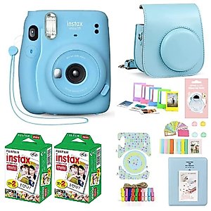 Fujifilm Mini 11 Instant Camera Sky Blue + MiniMate Accessories Bundle + Fuji Film Value Pack (40 Sheets) Accessories Bundle, Color Filters, Album, Frames