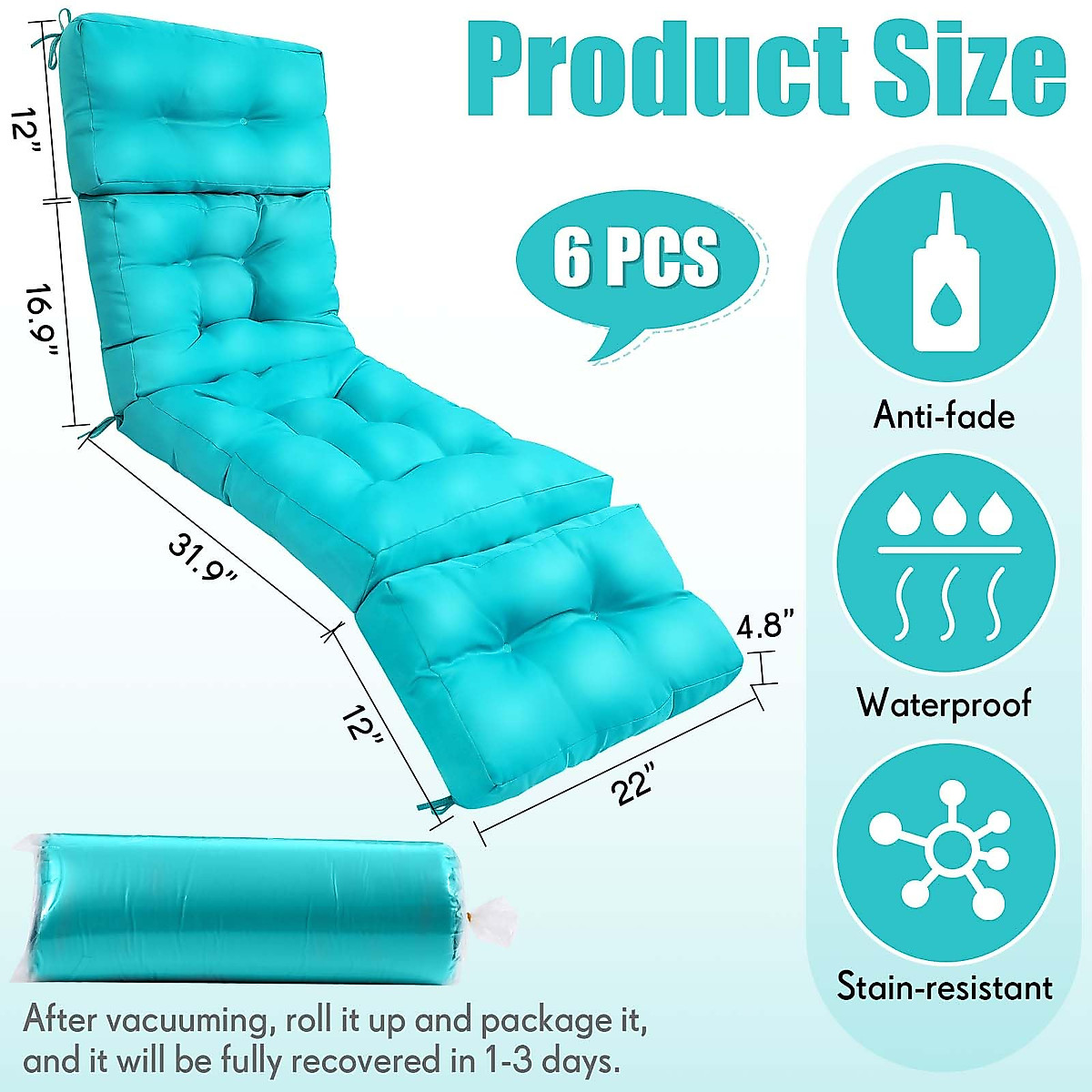 Huwena 6 Pcs Outdoor Chaise Lounge Cushion Pool Patio Lounge Cushions 22 x 73 x 4.7H Inch Waterproof Lounge Chair Cushion Beach Lounge Cushion Replacement for Patio Lounge Chairs (Lake Blue Style)