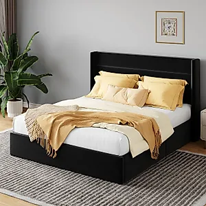 HOOMIC Queen Size Lift Up Storage Bed with Wingback Headboard/Velvet Upholstered Platform Bed Frame/Heavy-Duty Hydraulic Bed/Large Underneath Storage/Strong Wooden Slats Support/Noise-Free/Black