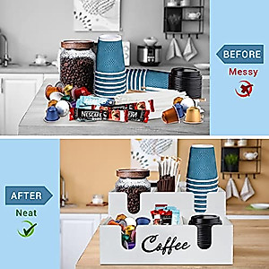 Disposable Coffee Cup Dispenser Lid Holder for Counter, Wood 6 Compartments Coffee Station Organizer for Cup Lid Sleeve Pods Condiment, Paper Cup Dispenser Coffee Bar Accessories Storage Organizer