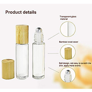 6 Count 10ml Bamboo Roll On Bottle For Essential Oils,Clear Glass Bottle With Natural Bamboo Lid,Portable Massage Stainless Steel Roller Ball Glass Vial Aromatherapy travel Perfumes Bottles