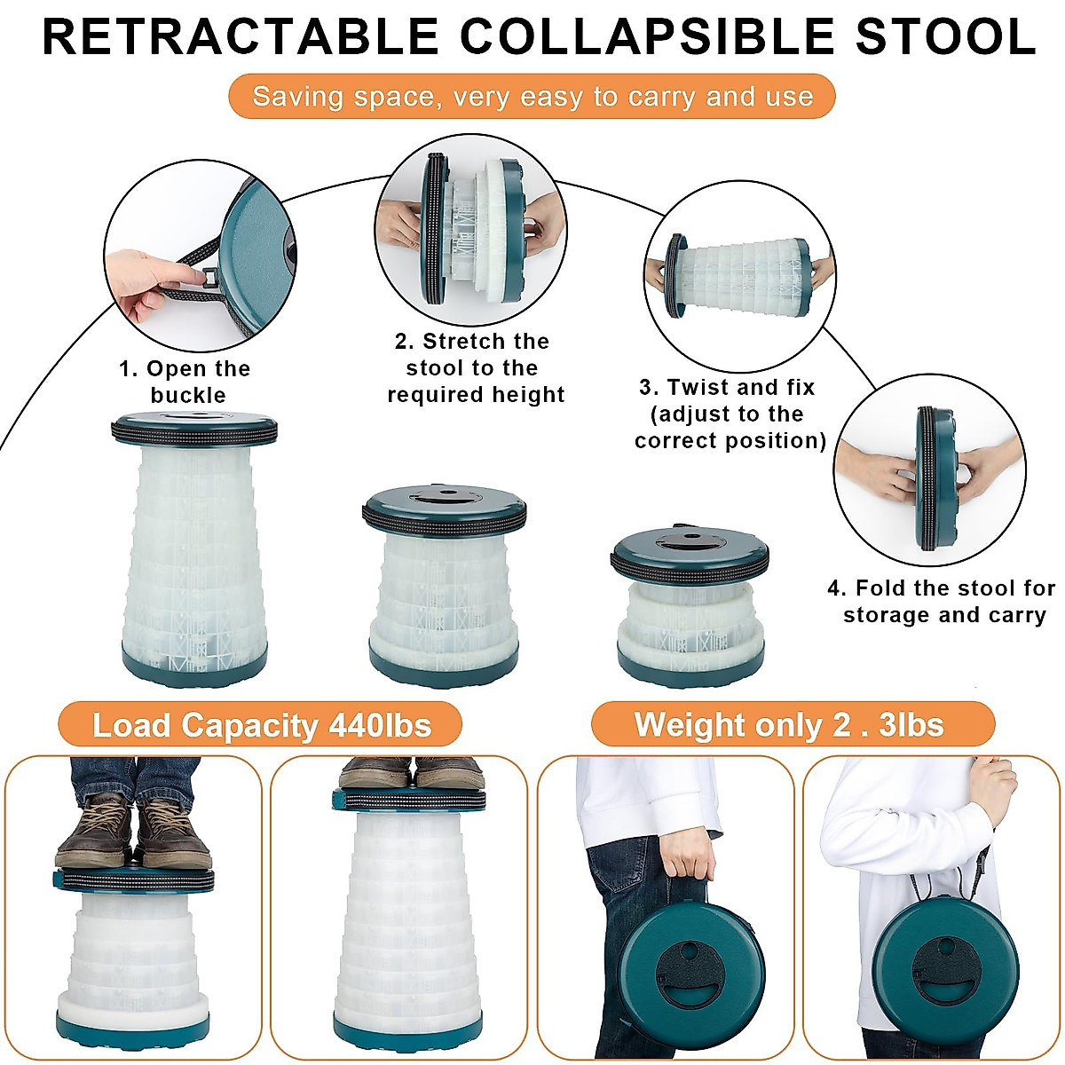 OXAMAFIT Outdoor Retractable Folding Table and 2 Stools Set, Portable Camping Foldable Table Lightweight, 3 Lighting Mode Adjustable Stool for Outdoor Picnic, Beach, Camp, Party.-Green