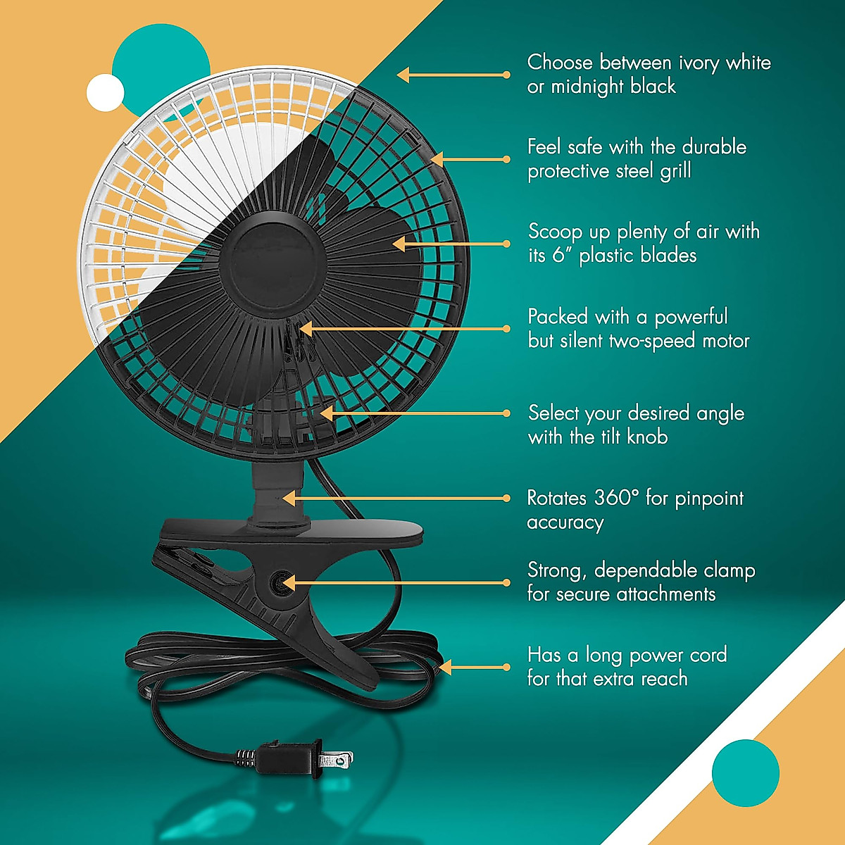 JOEY'Z 6 INCH - 2 Speed - Adjustable Tilt, Whisper Quiet Operation Clip-On-Fan with 5.5 Foot Cord and Steel Safety Grill (1, 6" Fan with 5 FT Cord, Black)