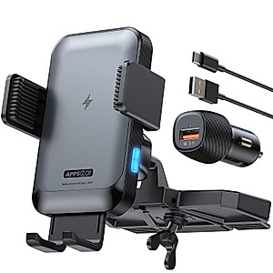 APPS2Car Wireless Car Charger Mount CD Slot Auto Clamping 15W Fast Charging CD Phone Holder for Car Wireless Charger Fit for iPhone 15 14 13 12 Pro Max, Samsung S23 Ultra S22 Note 20, Google, LG etc.