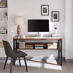 AMOAK Computer Desk 47" with Bookshelf, Office Desk, Writing Desk, Wood and Metal Frame, 1.18in (3cm) Thickened Desktop, Industrial Style, Study Table for Home Office, Retro Brown