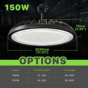 Glitgate LED High Bay Light 150W, 21000lm 5000K UFO High Bay Lights(600W MH/HPS Equiv.) LED Warehouse Lights with 5ft Cable US Plug for Garage Shop Barn, 4 Pack