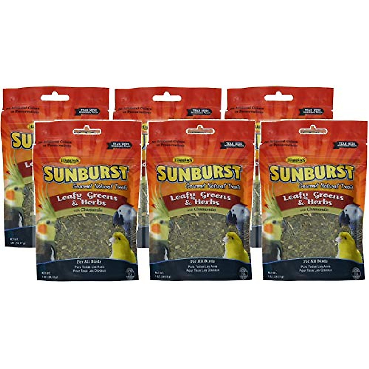 Higgins 6 Pack of Sunburst Leafy Greens & Herbs Gourmet Treats for All Birds, 1 Ounce Per Pack