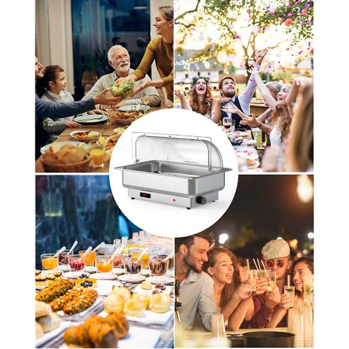 RIEDHOFF 9QT Electric Chafing Dish Set with Temperature Control, Roll Top Stainless Steel Full-size Chafer with Transparent Lid for Catering and Food Servers