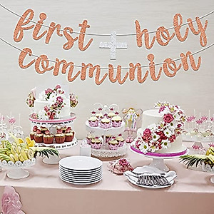 First Holy Communion Banner - Boy/girl Baptism Bunting Sign, Religious Banner for Baby Shower Banner Party Decorations Supplies(Rose Gold and Sliver)