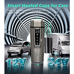 BLONGKY Portable Electric Car Kettle: 12V/24V Kettle Mini Water Boiler for Car Heated Travel Mug,Smart Precision Temperature Adjustment Coffee Tea Truck Cup with Handy Kettle Bag (Taupe, 400ML)