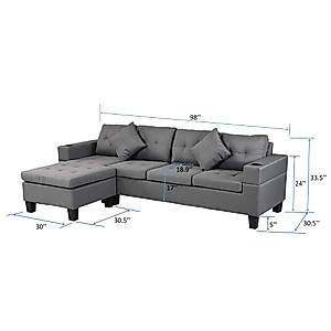 Morhome Upholstered Reversible Sofa,Modern L Shaped Couch with Left Or Right Hand Chaise and Cup Holder for Living Room Small Space