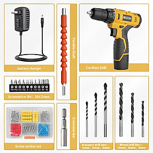 FADAKWALT Cordless Drill Set,12V Power Drill Set with Battery and Charger, Electric Drill Driver/Drill Bits, 3/8'' Keyless Chuck,21+1 Torque Setting, 180 inch-lbs, with LED Electric Drill Set (Yellow)