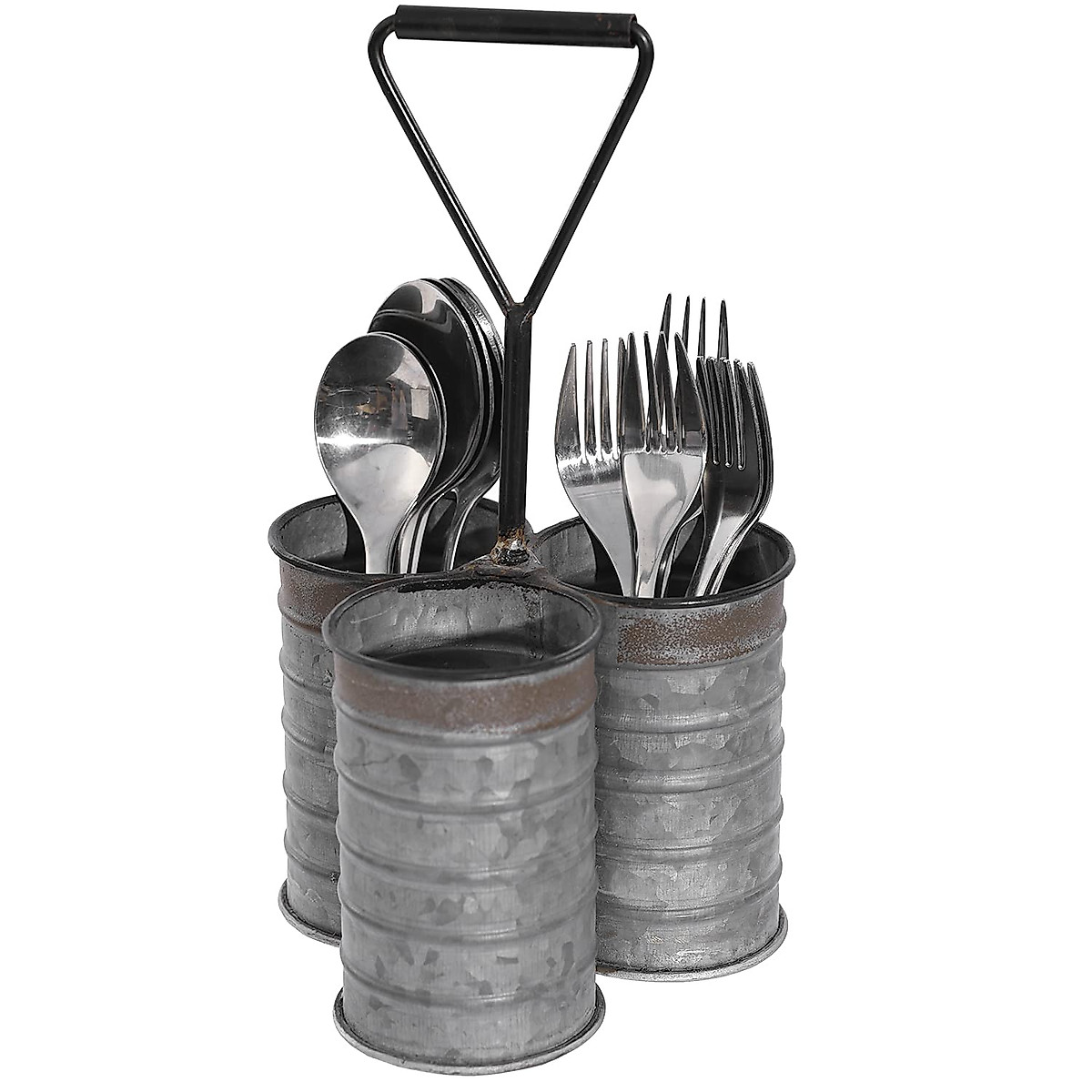 MyGift Galvanized Metal Flatware Holder for Party with Handle, 3 Compartment Picnic Utensil Holder Caddy