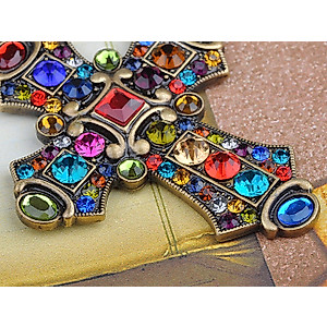 Alilang Ornate Antique Golden Tone Colorful Rhinestone Cross Pendant Necklace, Multicolored