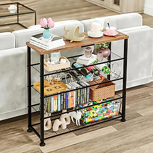 Simple Trending-5 Tier Extra Large Shoe Rack, Rolling Shoe Storage Organizer and Heavy Duty Casters with Brake for Closet Entryway, Steel Frame, Industrial, Rustic Wood and Black