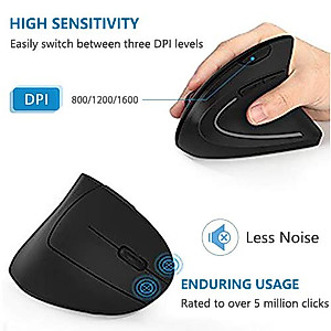 Acedada Ergonomic Mouse, Vertical Wireless Mouse, Rechargeable Optical Ergo Mice, 800/1200 /1600 DPI, 5 Buttons for Laptop, Desktop, PC, MacBook - Black