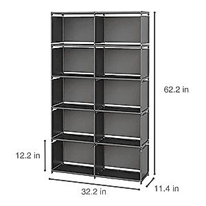QPEY Bookshelves, Gray Bookcase Double Row 10-Grid Cube Storage Organizer Tall Portable Bookshelf Vertical Shelf for Storage