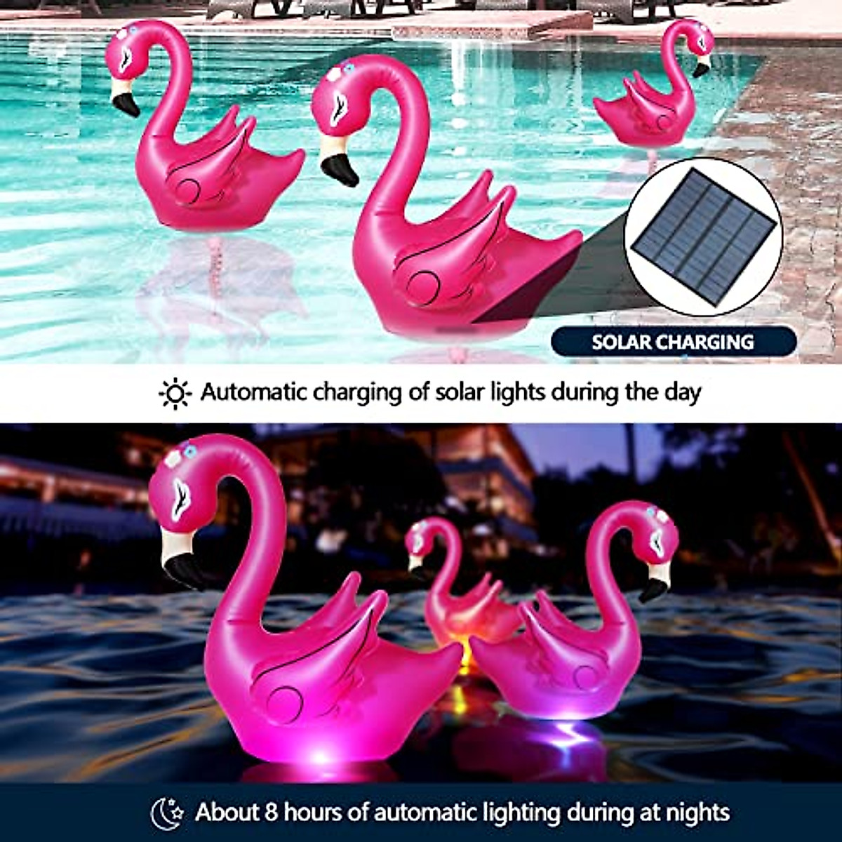 Floating Pool Thermometer with 19" Solar Pool Lights Pond Water Thermometer with RGB Led Lights Color Changing Swimming Pool Thermometer Water Temperature Thermometers for Hot Tub Inflatable Flamingo