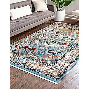 Unique Loom Narenj Collection Classic Traditional Hunting Scene Textured Design Area Rug, Rectangular 5' 0" x 8' 0", Blue/Tan