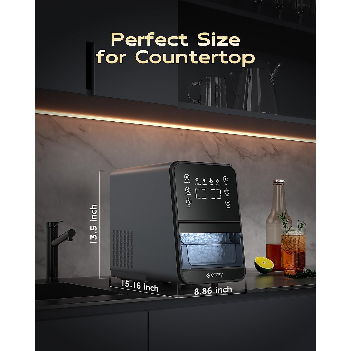 ecozy Nugget Ice Maker Countertop, Intuitive Ergonomic EcoScreen with One-Touch Timer, 33Lbs/24H Pebble Ice Maker Machine, Pull-Out Ice Basket with 3Lbs Storage, Self-Cleaning for Drinks & Cocktails