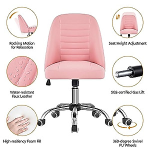 Yaheetech PU Leather Armless Office Chair Mid Back Desk Chair Computer Task Chair Modern Vanity Chair with Rolling Wheels, Metal Base Pink
