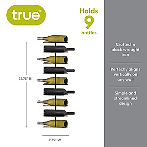 True Align Wall-Mounted Wine Rack, Black Wrought Iron, Minimalist Modern Wine Display, Alcohol Storage Solution, Holds Nine Standard Wine Bottles, 37.75" x 9.75"