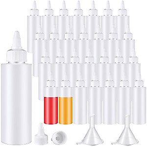 Honeydak 30 Pack Plastic Squeeze Bottles Boston Empty Dispensing Bottles Lab Dispensing Bottles with Twist Top Cap 2 Pcs Funnel for Liquids Inks Oil Sauce Condiments Arts and Crafts (White, 4 oz)