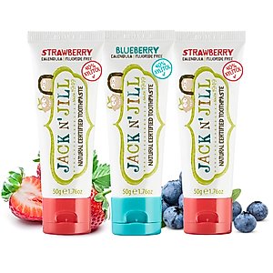 Jack N' Jill Natural Toddler Toothpaste for Baby, Kids and Infants 6 Months & Up, Fluoride Free Training Toothpaste for Toddlers 1-3, 40% Xylitol, BPA Free - Strawberry & Blueberry, 1.76 oz (3 Pack)