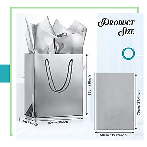 12 Pack Metallic Gift Bags Party Favor Bags Paper Shopping Bags with Handles Bulk and 12 Sheets Gift Tissue Paper Wrapping Paper for Birthdays, Wedding, Party Favors, 9 x 8 x 4 Inch(Silver)