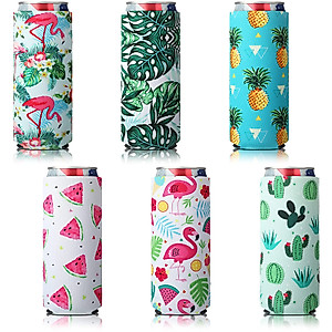 Slim Can Sleeves, Reusable Neoprene Bottle Insulator Sleeve, 12 oz Beverage Can Coolers for Energy Drink and Beer Cans, 6 Pieces (Hawaii Style)