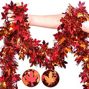 Mega-L Thanksgiving Garland Decorations, 26.25Ft Orange Red Fall Maple Leaves Glittering Hanging Metallic Tinsel Garland for Autumn Birthday Party Supplies Outdoor Indoor Mantel Decor Fall Ornaments