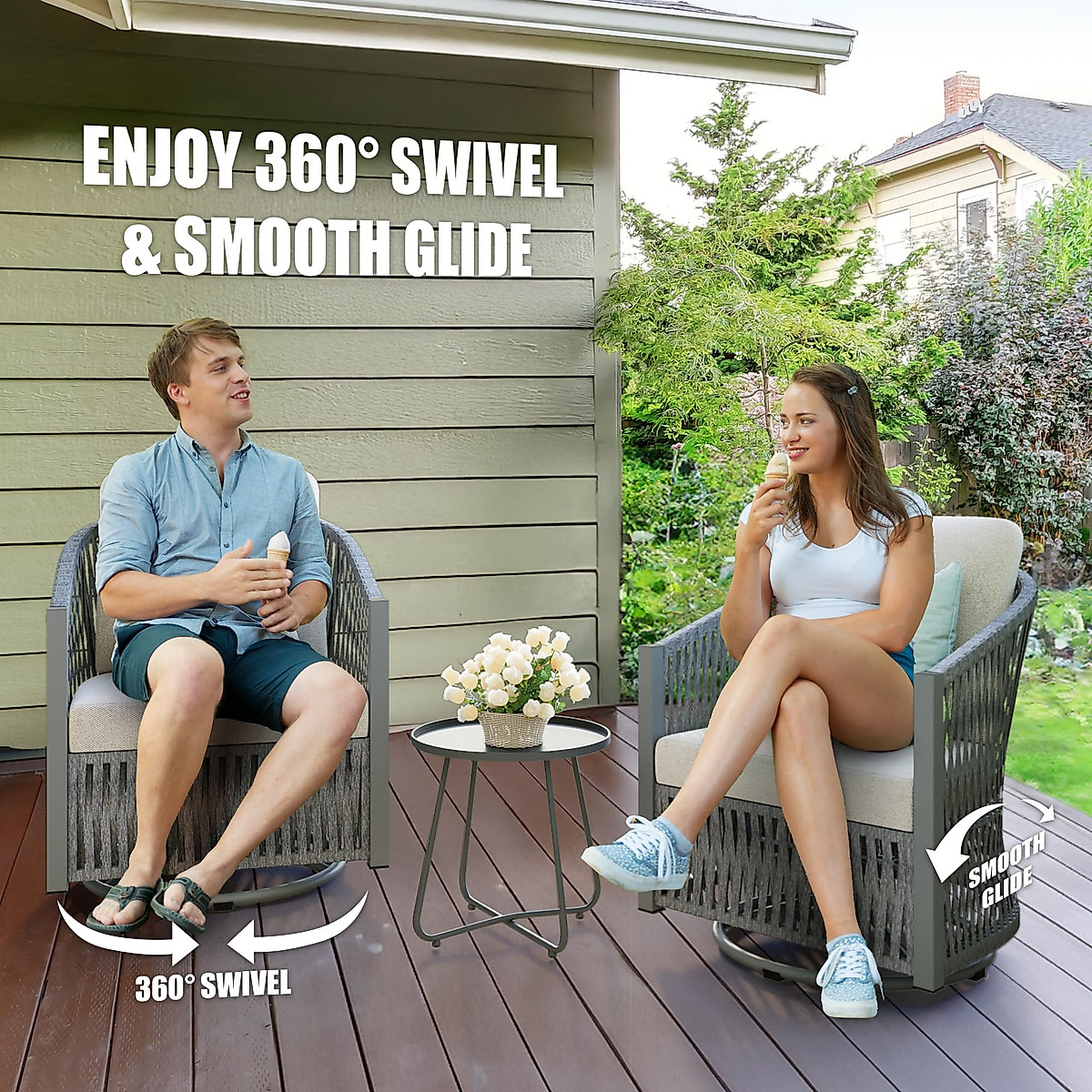 Yechen 3 Pieces Patio Bistro Set - Outdoor Swivel Bistro Table and Chairs Set of 2 with Cushion, High Back Patio Chairs Set of 2 with Metal Side Table, for Backyard Deck Porch Balcony